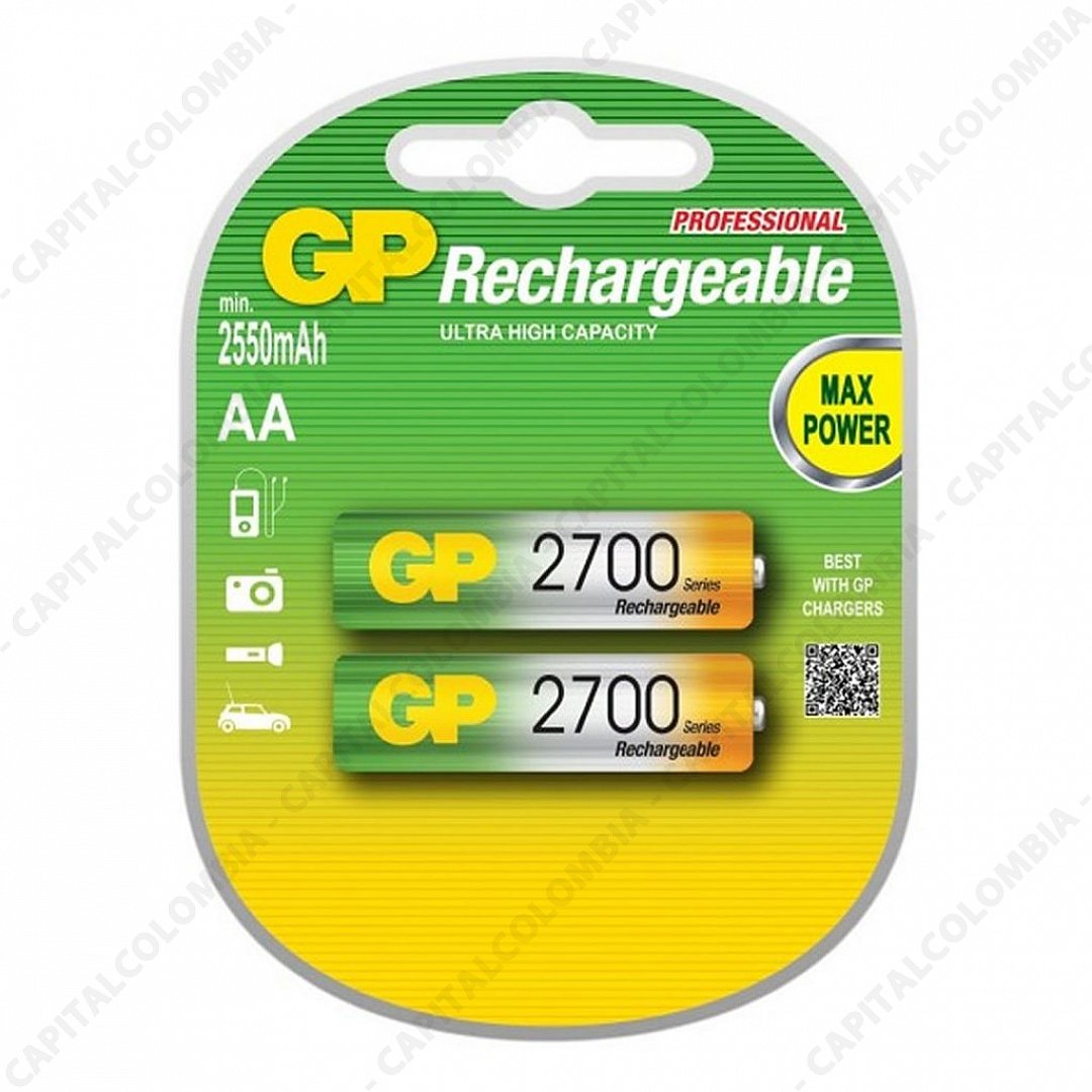 Pila Recargable AA 1.2V marca GP 2700 mAh - Paquete de dos (2) baterías ...